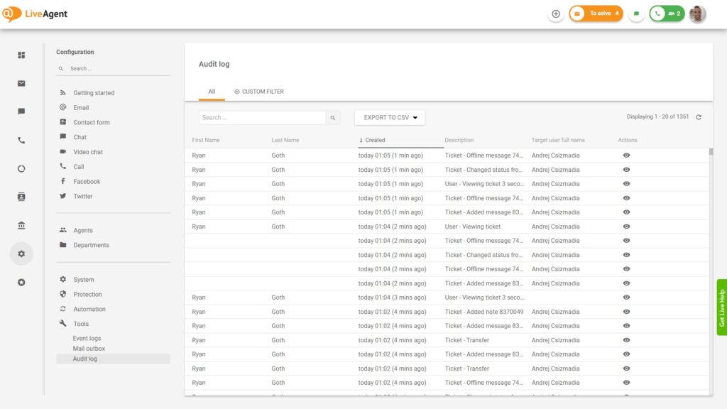 Audit log | LiveAgent
